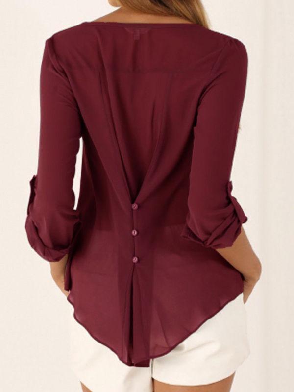 V Neck Chiffon Blouse - Long Sleeve with Buttons